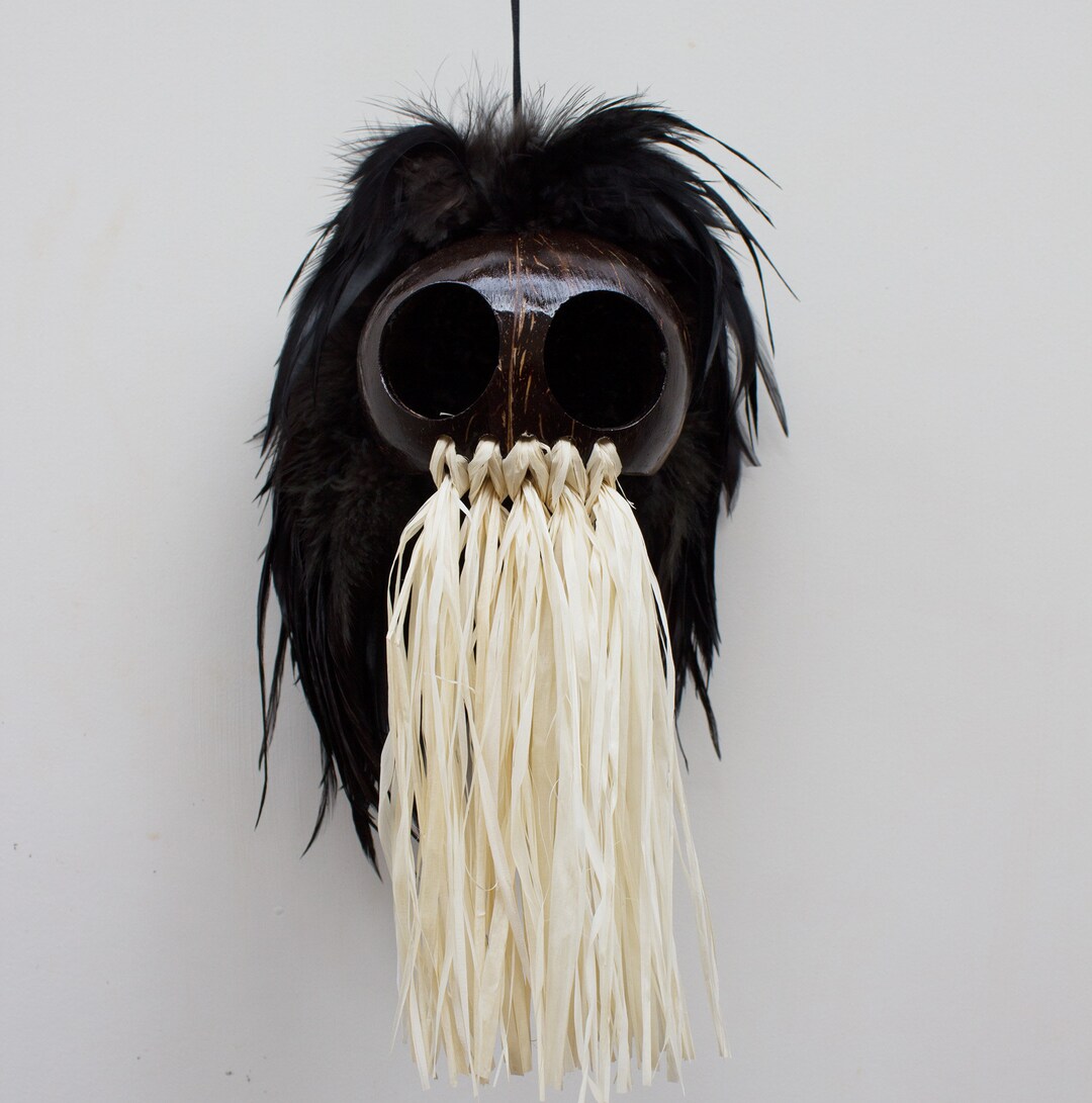 Full Feather Large Hawaiian Warrior Ikaika Makaki'i Mask Coconut Shell ...