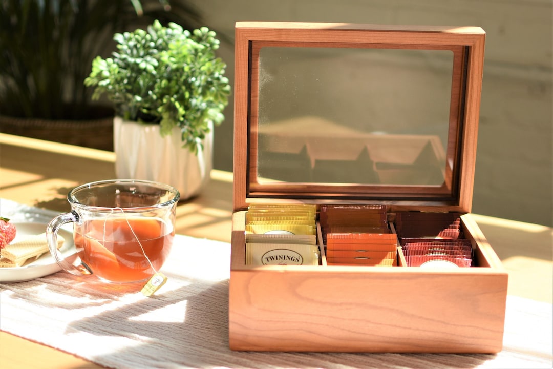 Tea Box, Gourmet Tea Box, Solid Cherry Wood Tea Holder, Engraved Tea ...