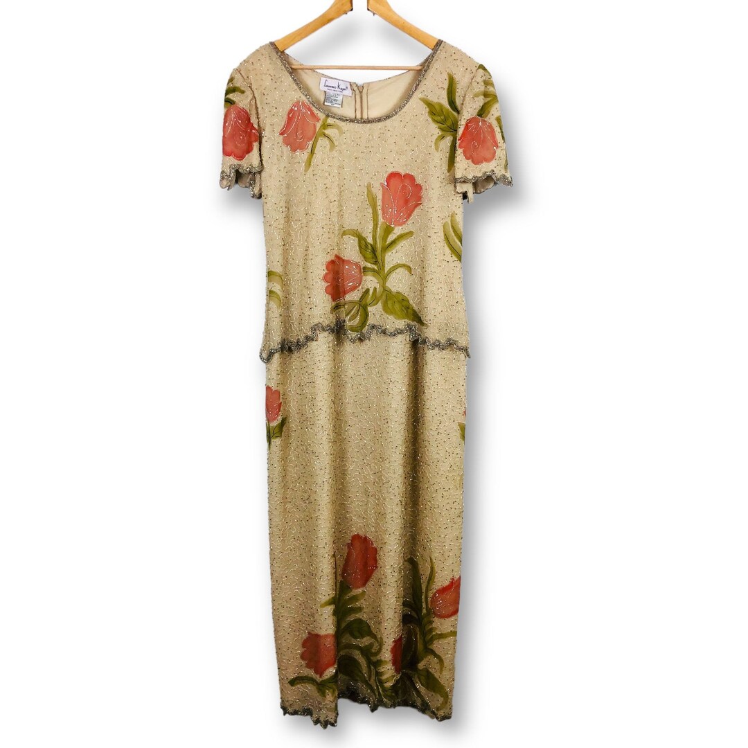 Laurence Kazar Paris New York Gown Size 12 PETITE Silk Beaded Floral ...