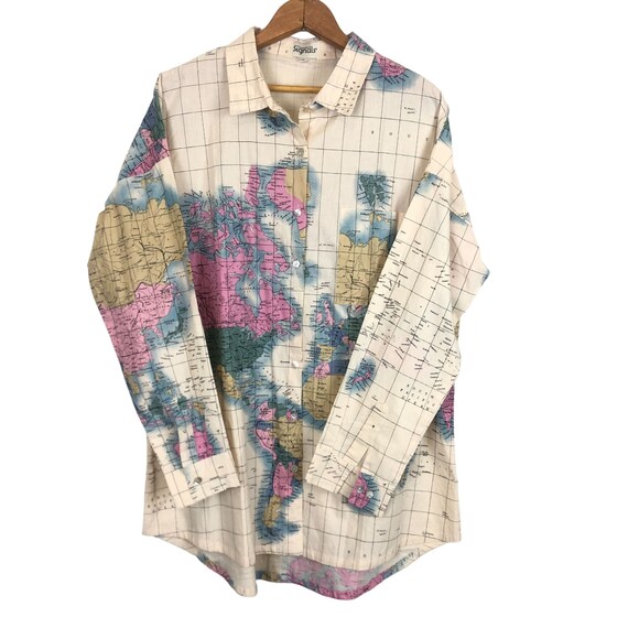 Vintage Y2K Signals Women's World Map Button Up Casua… - Gem