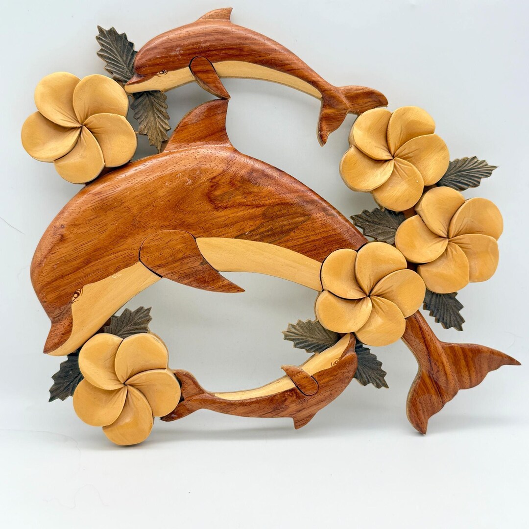 3D Intarsia Hawaiian Dolphin Plumeria Wooden Wall Art Handcrafted Aloha ...