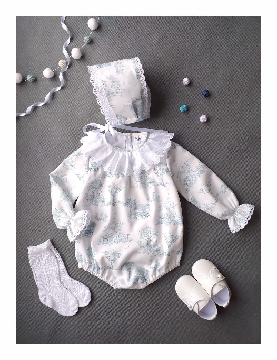 Toile De Jouy Romper and Hood Set. Spanish Baptism Romper. Spanish ...