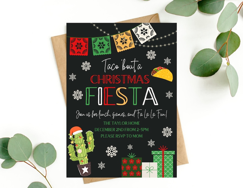 Christmas Party Invitation Holiday Fiesta Invite Taco Mexican Holiday ...