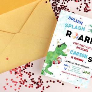 Dinosaur Splash Pad Birthday Invitation – Editable Canva Template ...