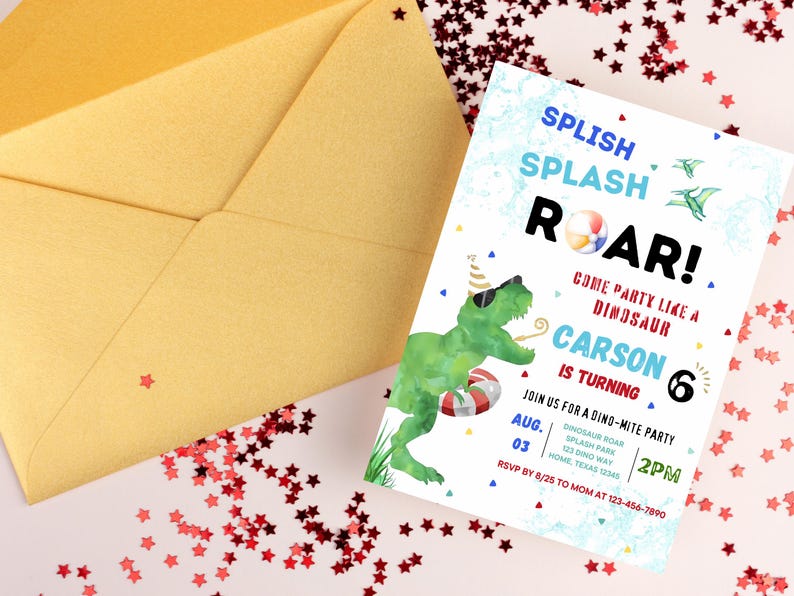 Dinosaur Splash Pad Birthday Invitation – Editable Canva Template ...