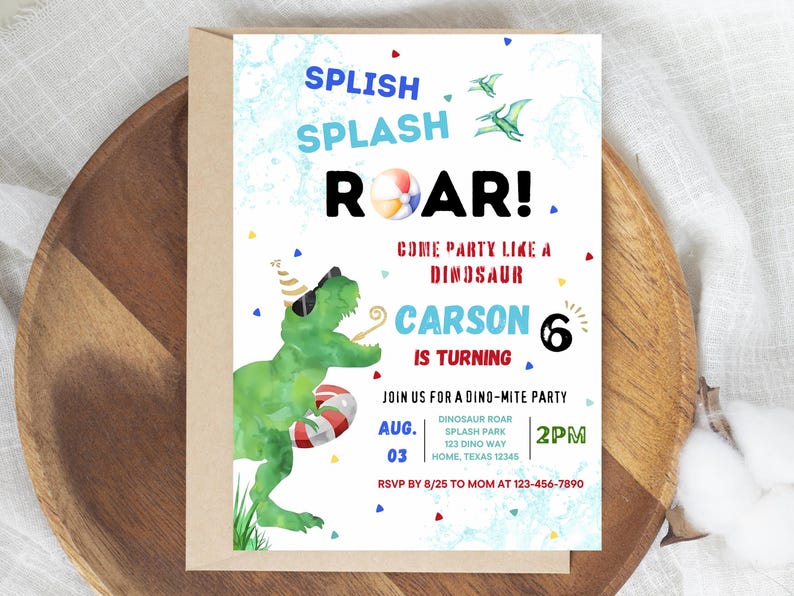 Dinosaur Splash Pad Birthday Invitation – Editable Canva Template ...