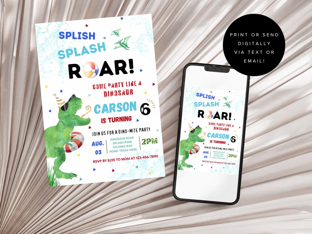 Dinosaur Splash Pad Birthday Invitation – Editable Canva Template ...