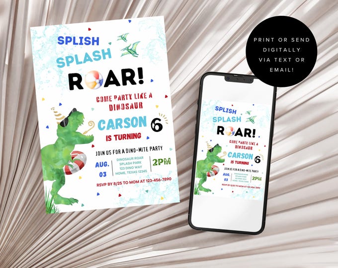 Dinosaur Splash Pad Birthday Invitation – Editable Canva Template ...