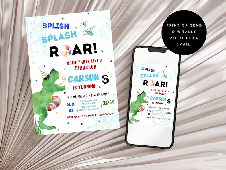 Dinosaur Splash Pad Birthday Invitation – Editable Canva Template ...