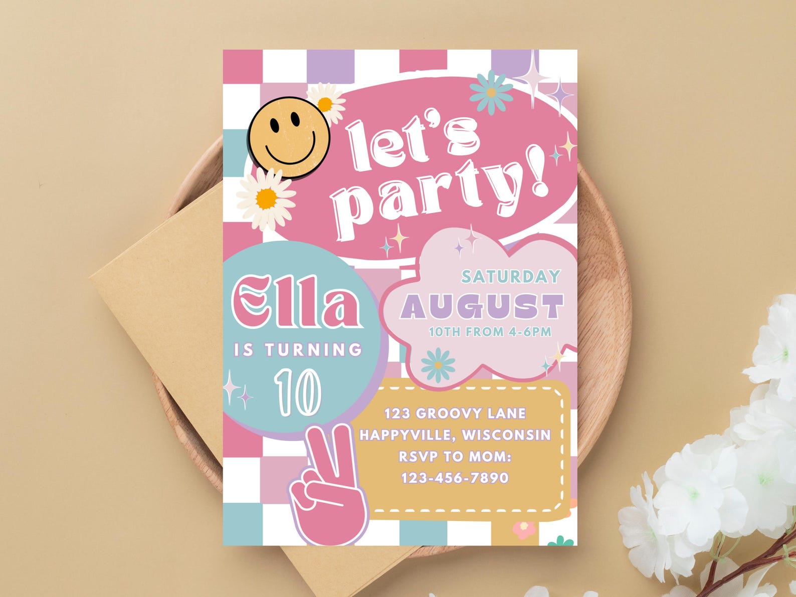 Editable Checkered Smiley Face Birthday Invite, Teen Birthday, Groovy ...