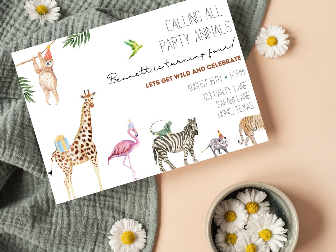 Animals Birthday Invitation for Animal Party Animal Invitation Editable ...