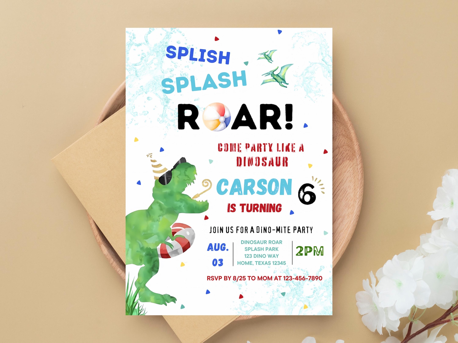Dinosaur Splash Pad Birthday Invitation – Editable Canva Template ...