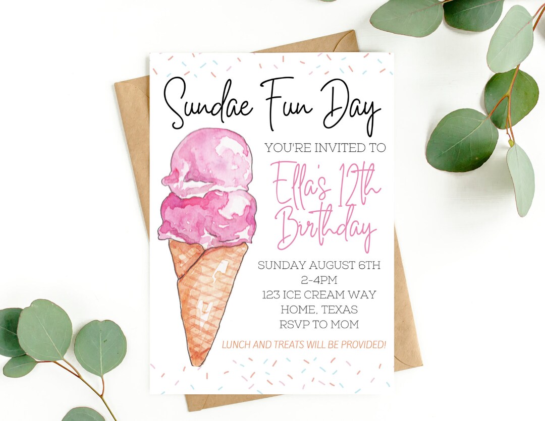 Ice Cream Birthday Invitation for Sundae Party Fun Birthday Invite With ...