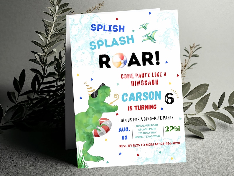 Dinosaur Splash Pad Birthday Invitation – Editable Canva Template ...