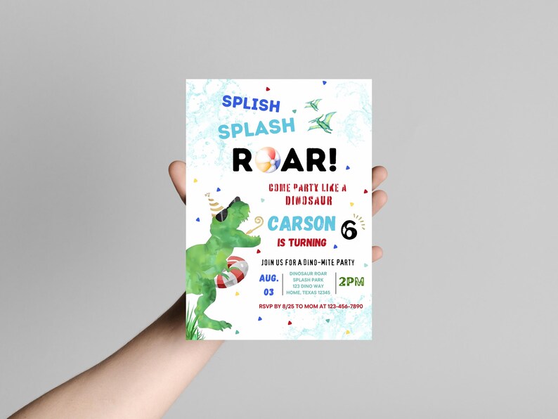 Dinosaur Splash Pad Birthday Invitation – Editable Canva Template ...