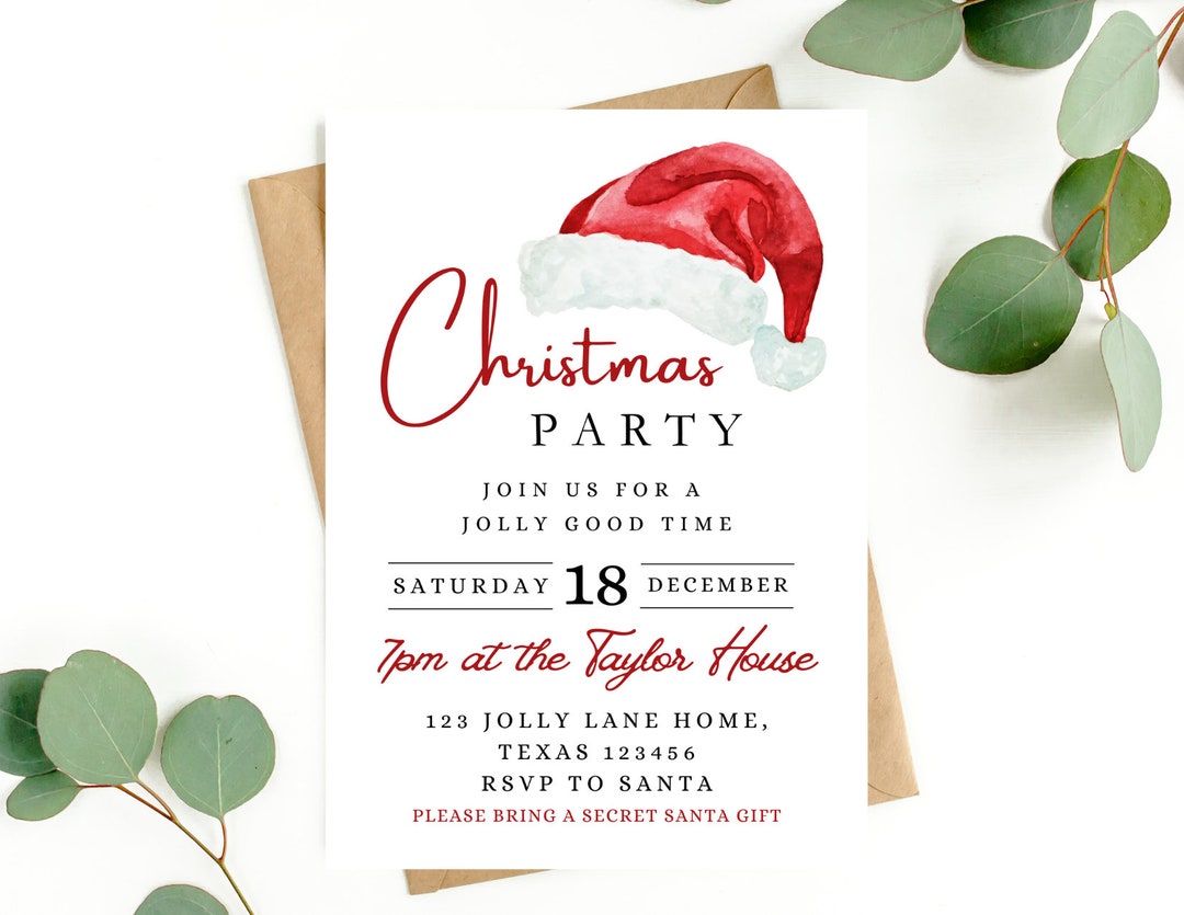 Christmas Party Invitation Holiday Gathering Santa Party Hat Invite for ...
