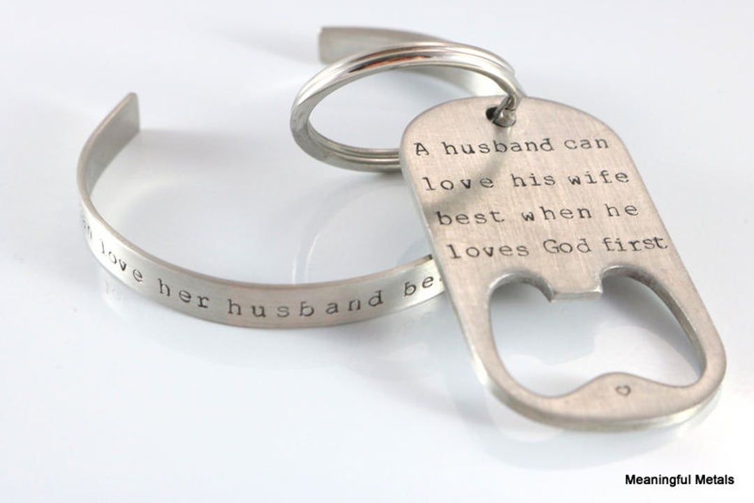 Husband and Wife Cuff Bracelet and Key Chain Set - Hand Stamped ...