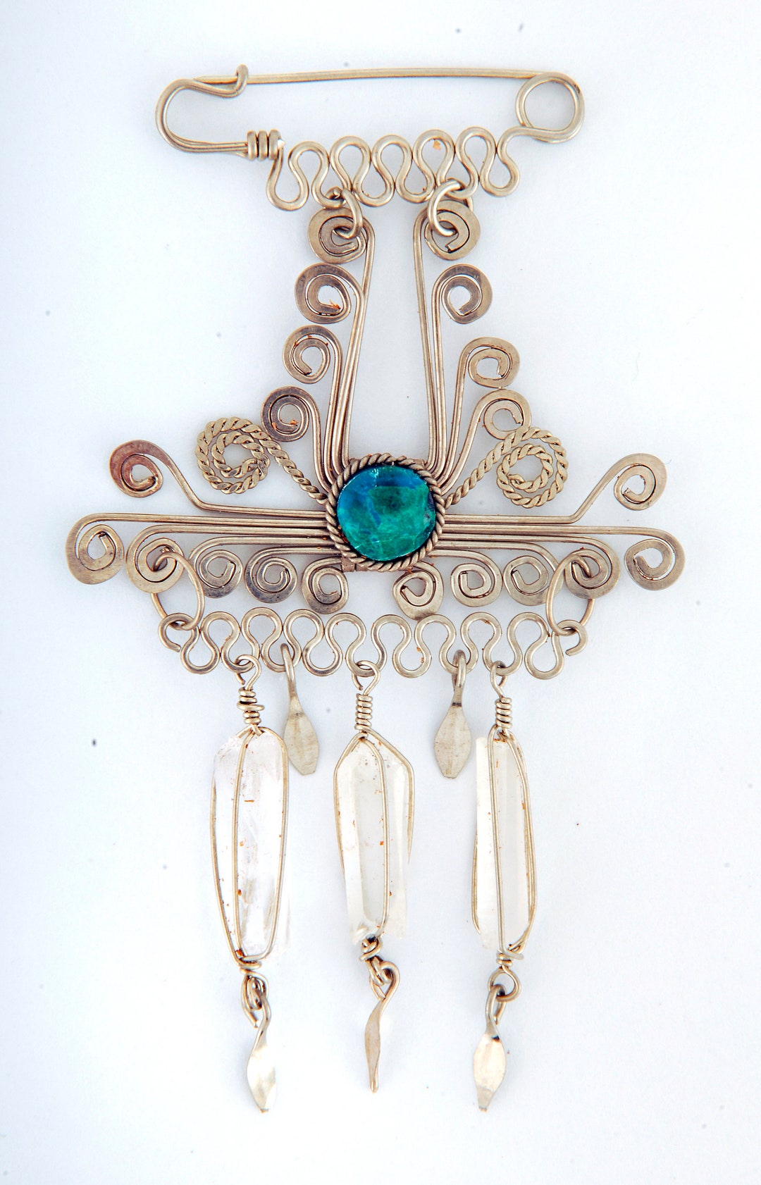 Peruvian Pin Brooch Quartz Crystals, Turquoise, Alpaca Wire, Intricate ...