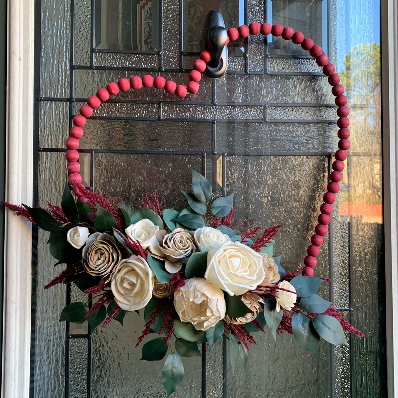 Heart Wood Bead Wreath With Sola Wood Flowers Valentines - Etsy
