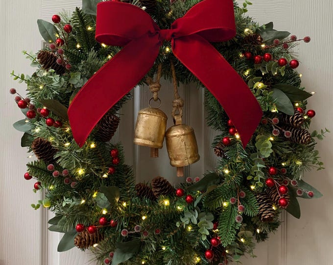 Classic Christmas Wreath With Rustic Bells and Optional Lights- Made to ...