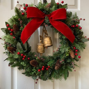 Classic Christmas Wreath With Rustic Bells and Optional Lights Made to ...