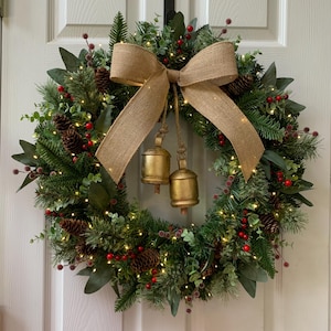 Classic Christmas Wreath With Rustic Bells and Optional Lights- Made to ...