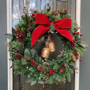 Classic Christmas Wreath With Rustic Bells and Optional Lights Made to ...