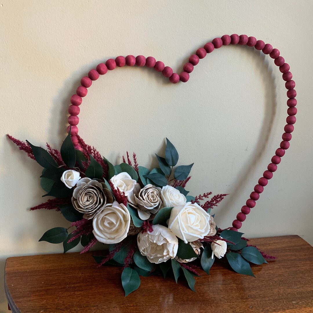Heart Wood Bead Wreath With Sola Wood Flowers Valentines - Etsy