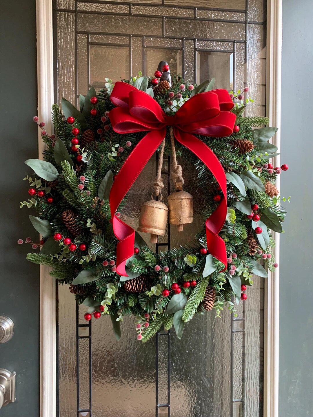 Classic Christmas Wreath With Optional Rustic Bells and Lights, Topped ...
