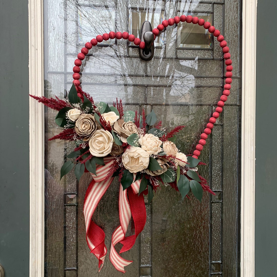 Heart Wood Bead Wreath With Sola Wood Flowers, Valentines Wreath for ...