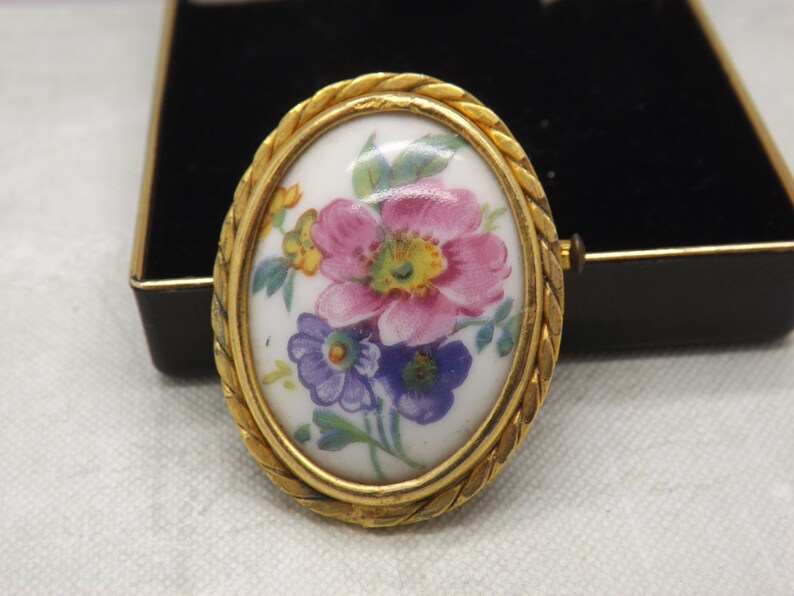 An Early French Limoges Porcelain Floral Vintage Jewelry Brooch in a ...