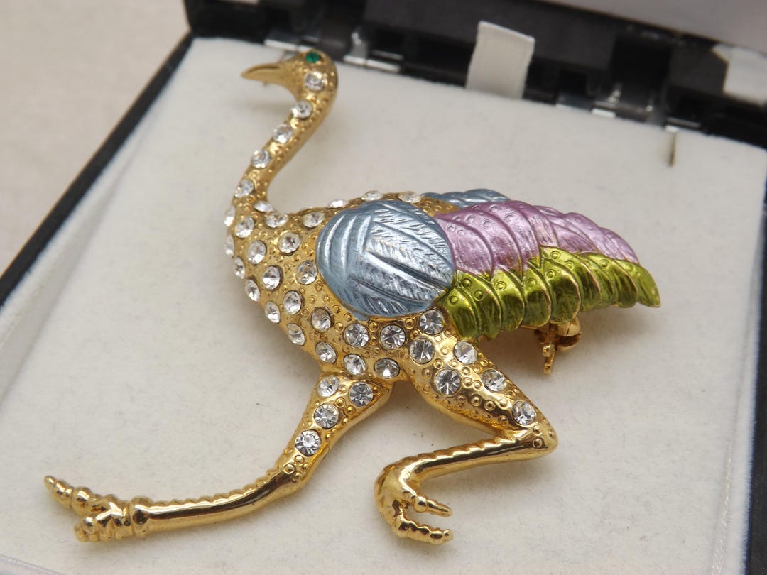 A Beautiful Emu Bird Costume Jewelry Brooch in Goldtone Metal Decorated ...