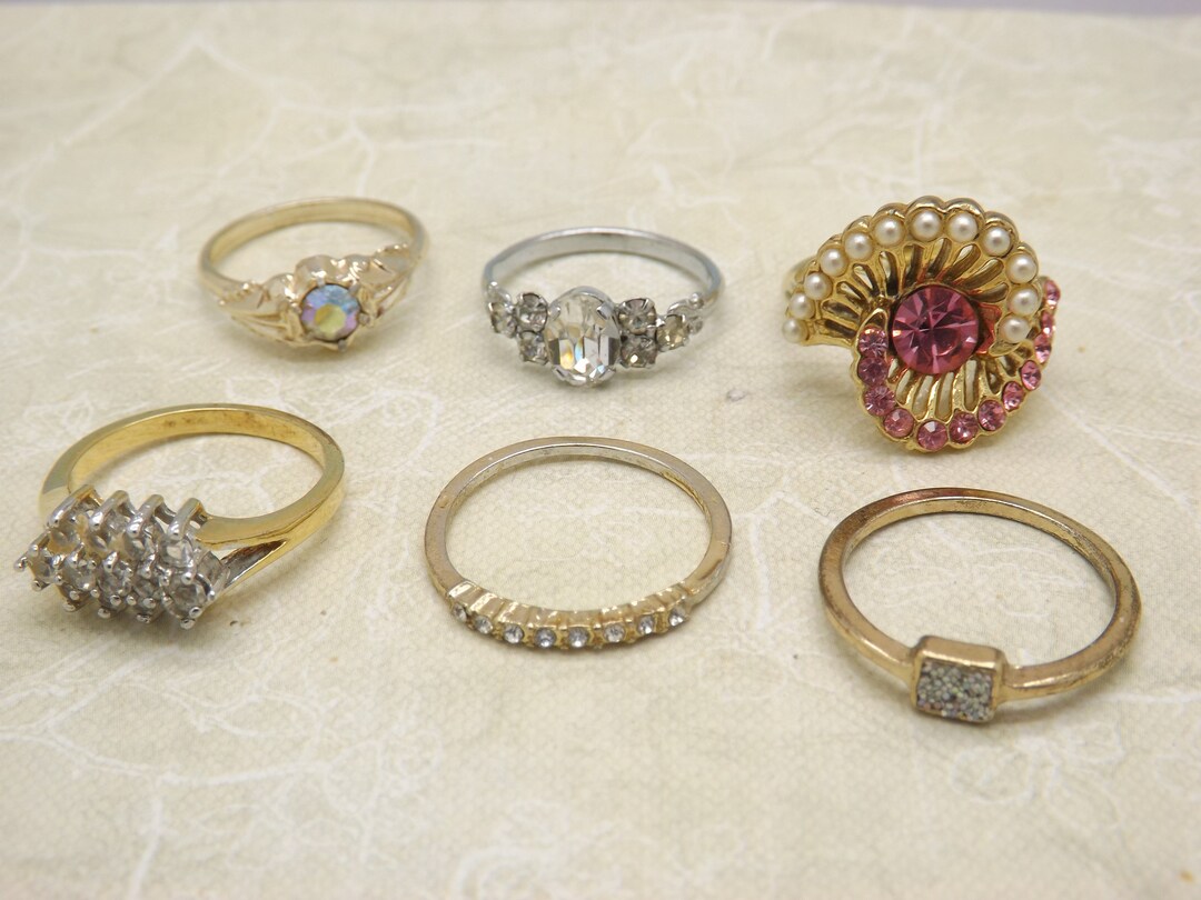 A Fine Group of Six Gold and Silver Plated Costume Jewelry Dress Rings ...