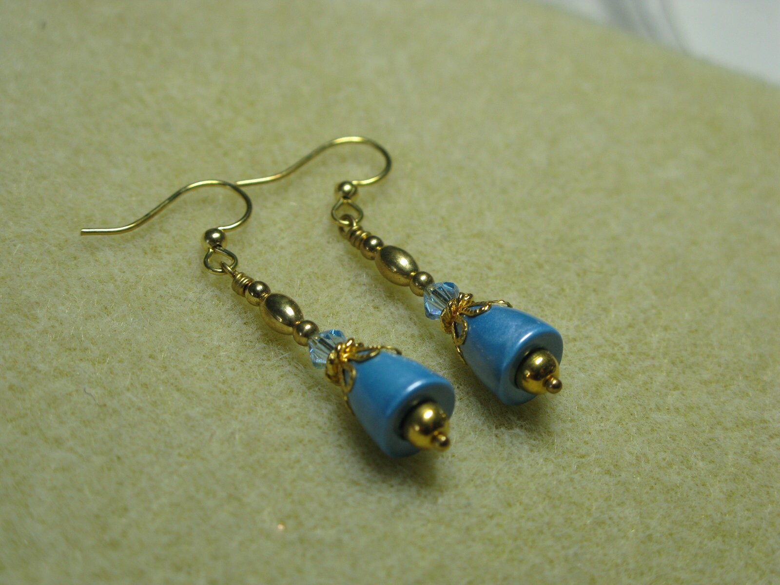 Handbell Earrings With Vintage Blue Wooden and Glass Beads and Gold ...