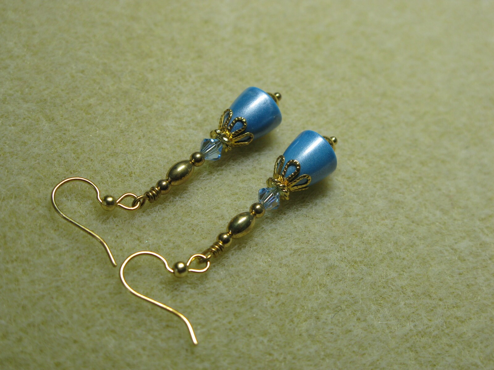 Handbell Earrings With Vintage Blue Wooden and Glass Beads and Gold ...