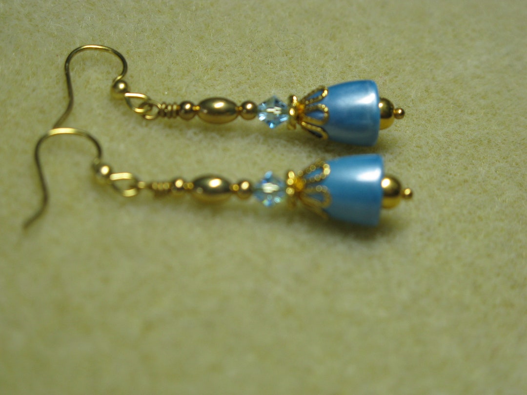 Handbell Earrings With Vintage Blue Wooden and Glass Beads and Gold ...