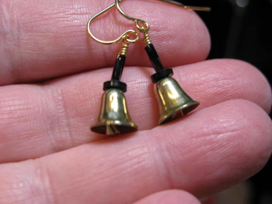 Handbell Earrings With Vintage Brass Bells and Clappers and Black ...