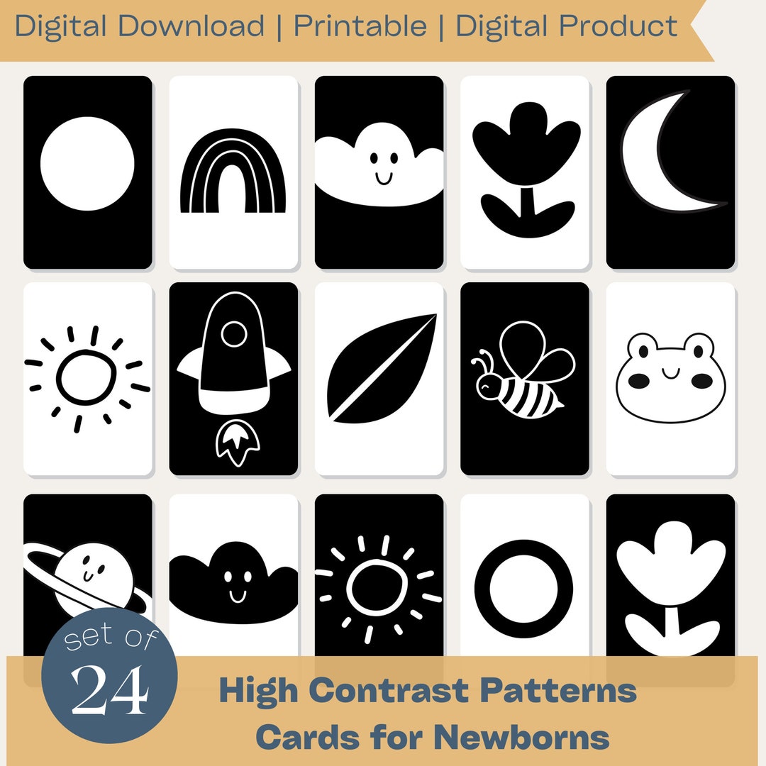 Set of 24 High Contrast Printable PDF Infant Development Cards Black ...