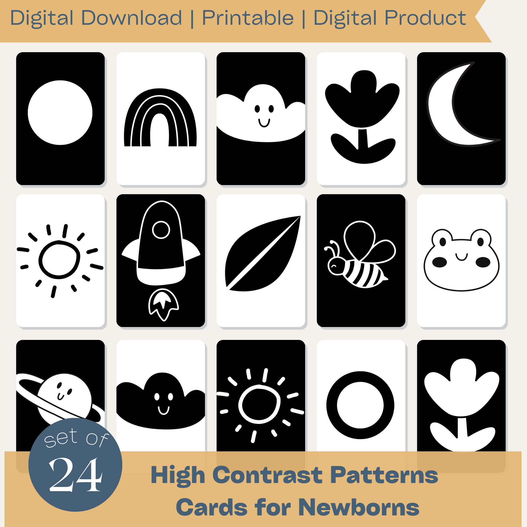 Set of 24 High Contrast Printable PDF Infant Development Cards Black ...