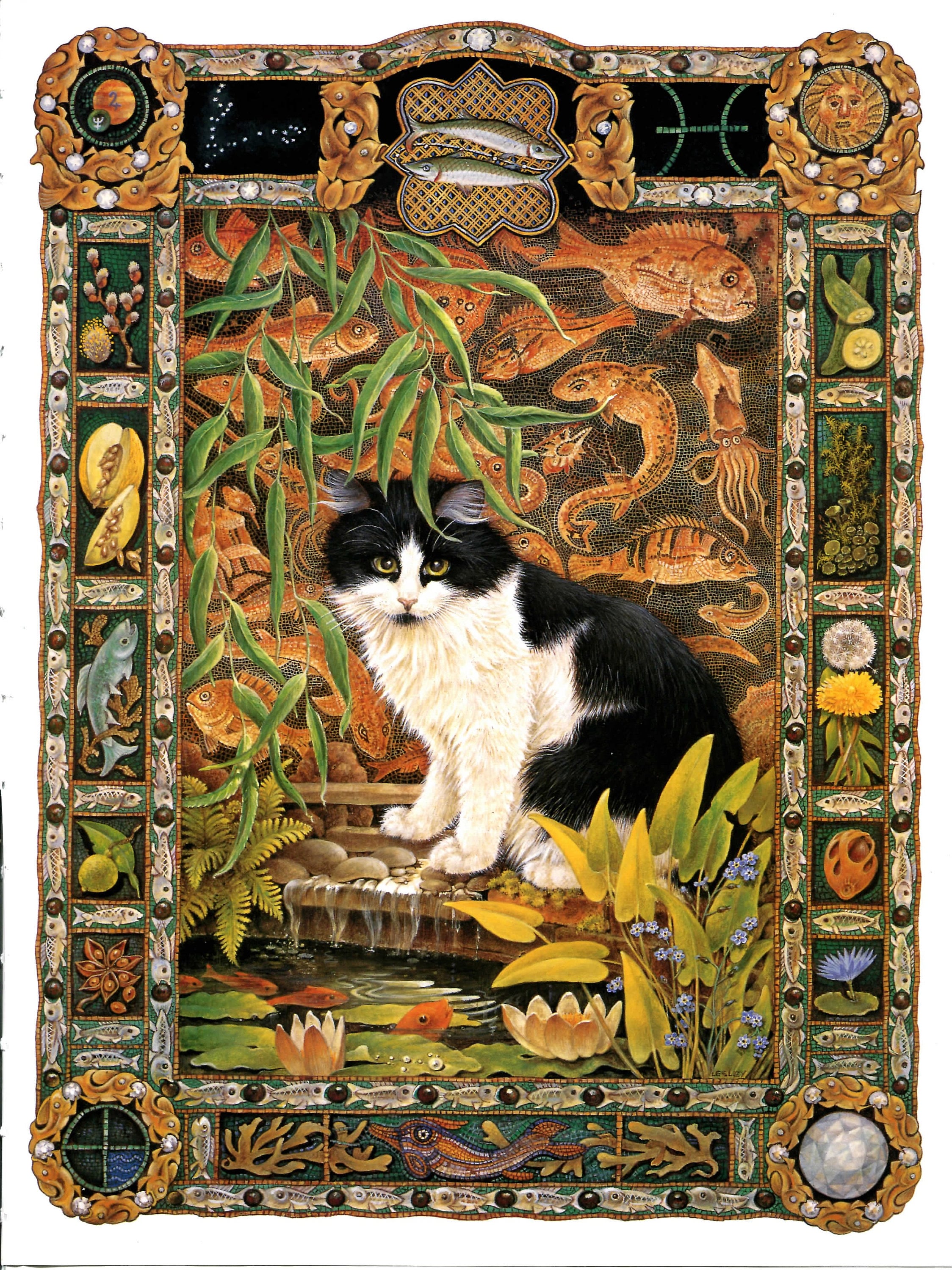 Vintage Cat Print Lesley Anne Ivory Pisces Feline Illustration Zodiac ...