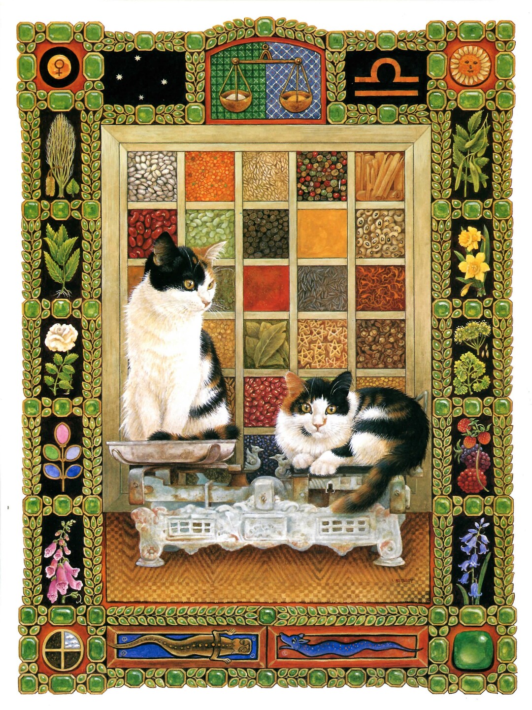 Vintage Cat Print Lesley Anne Ivory Libra Feline Illustration Zodiac ...