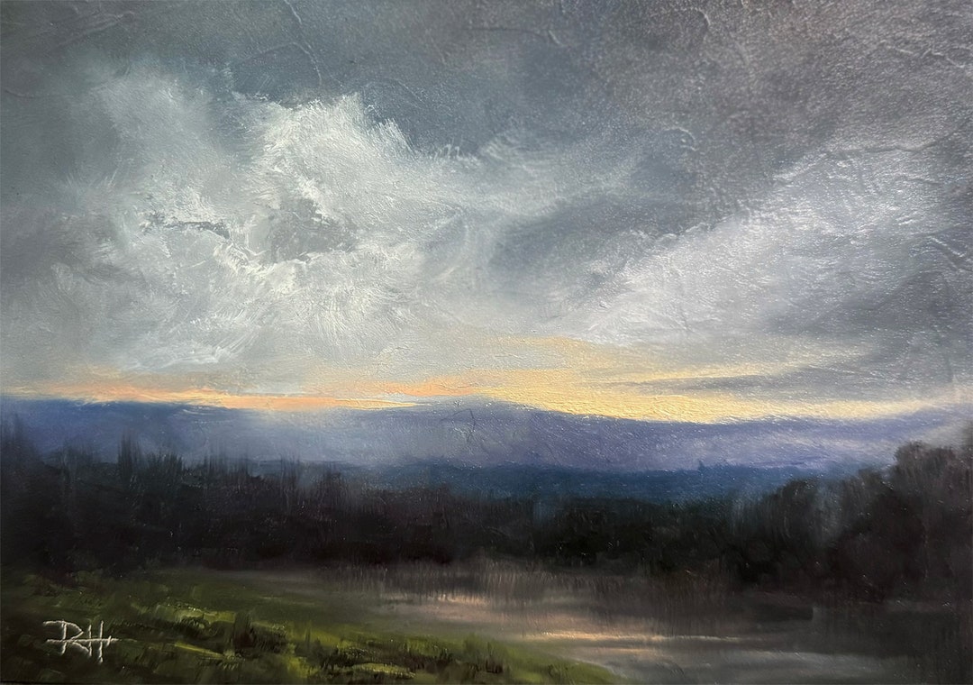 Original Tonalist Sunset Oil Painting - Smoky Mountains Misty Landscape ...