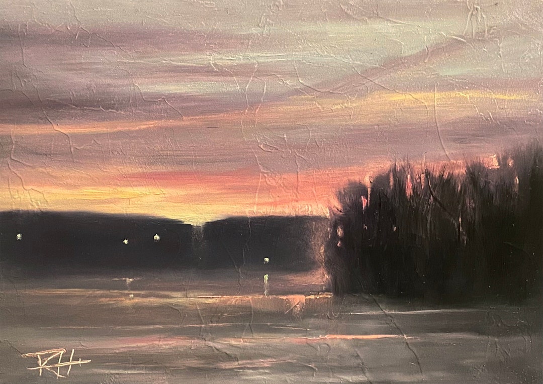 Original Small Abstract Sunset Landscape, Heavily Textured Tonalist 5x7 ...