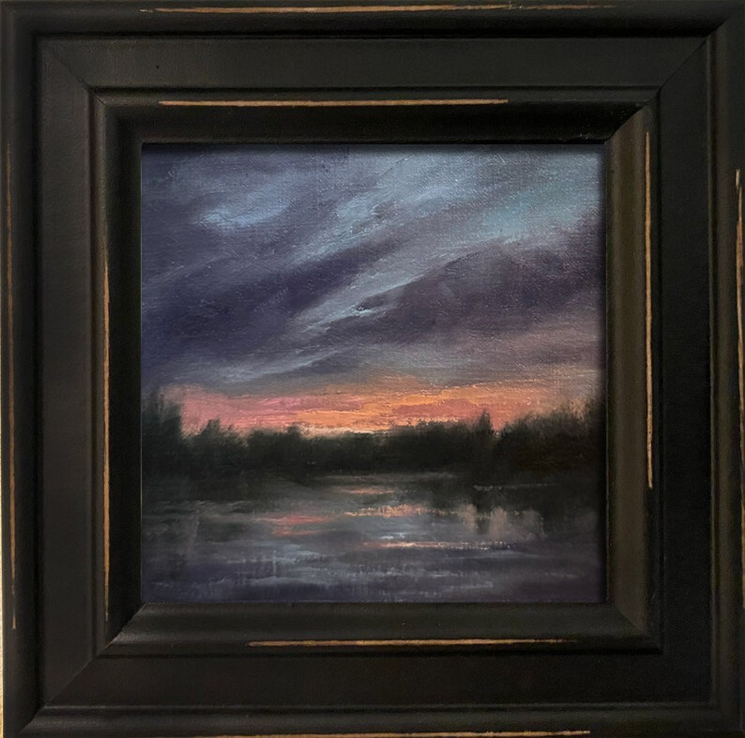 Original Framed 6x6 Sunset Tonalist Landscape Small Oil Painting Moody ...