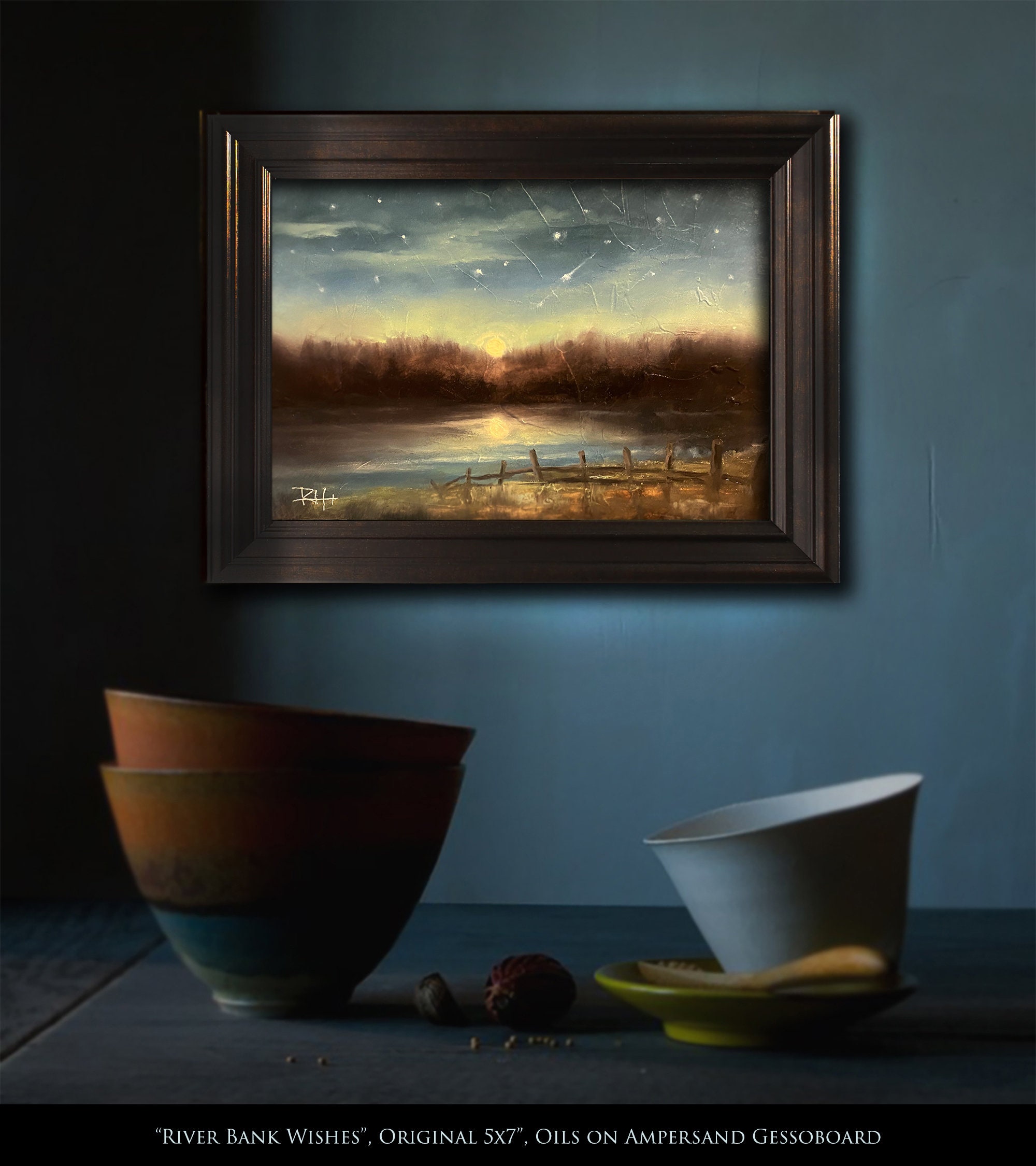 Tonalism Painting Original Night Sky Full Moon, Moody Dark Earth Tone ...