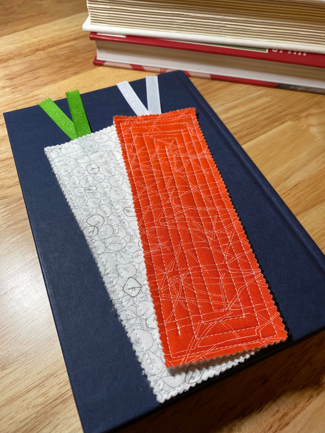 Quilted Fabric Bookmarks, Set of 2, With White, Grey, Orange, & Green ...
