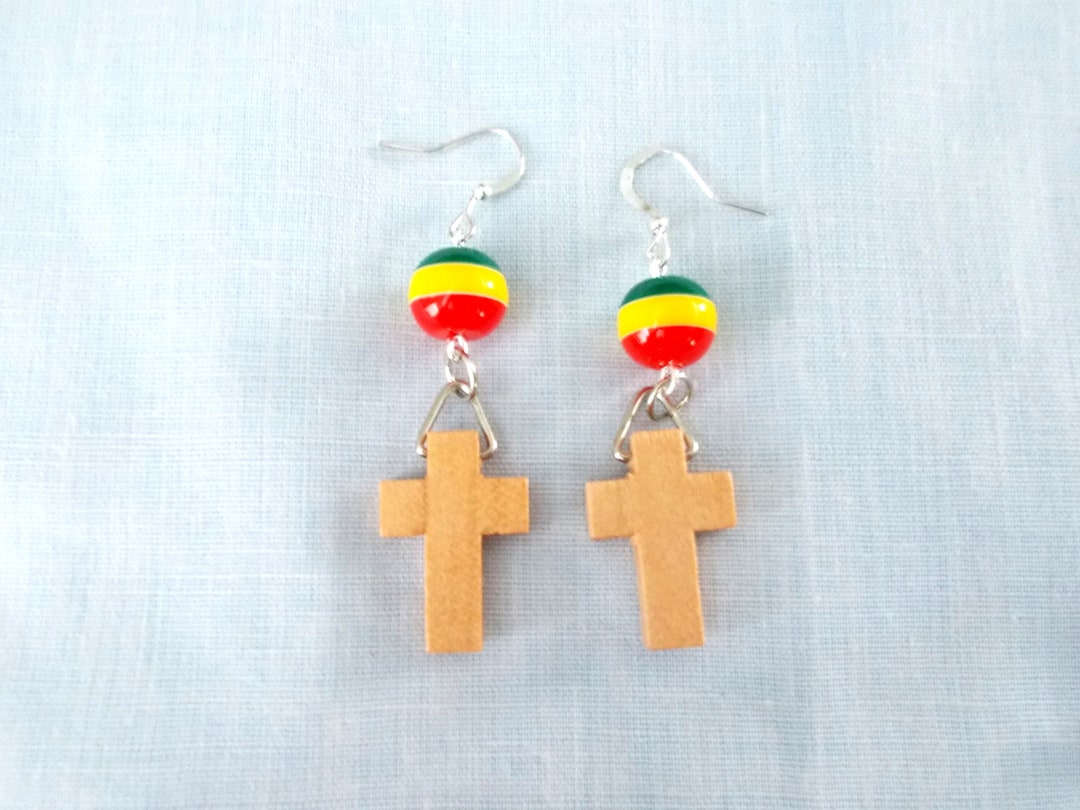 Reggae Light BROWN CROSS With Rasta Color Acrylic Bead Dangling Wood ...