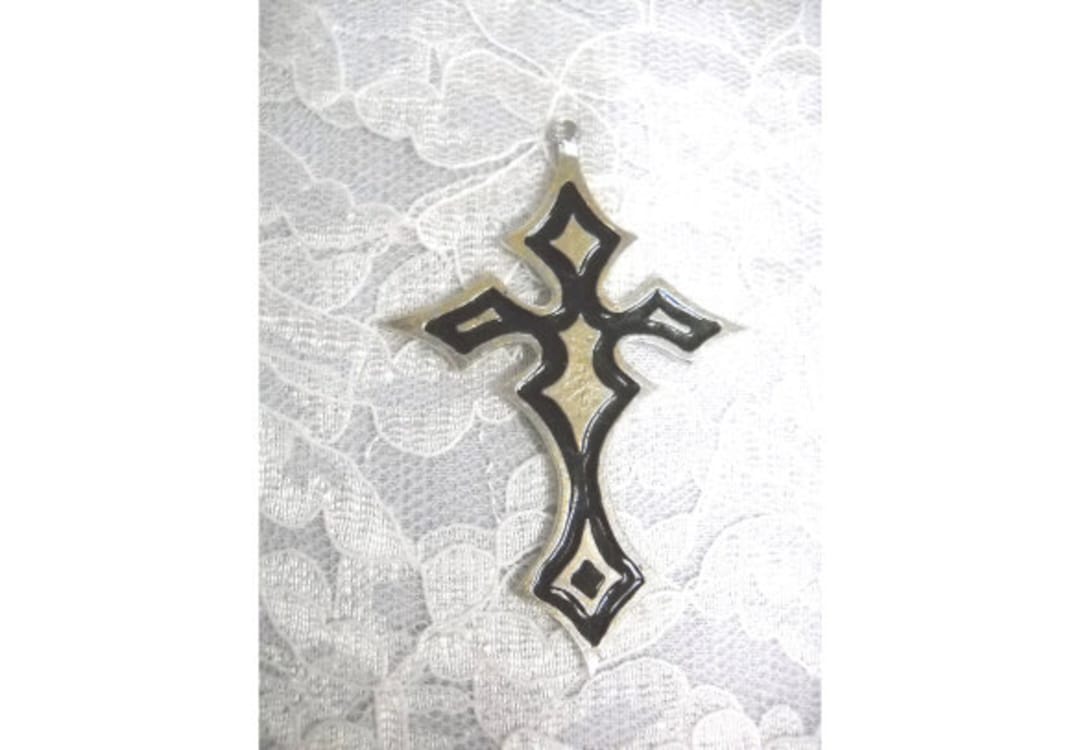XL Gothic Shape CROSS With BLACK Inlay Solid Hand Cast Silver Pewter ...