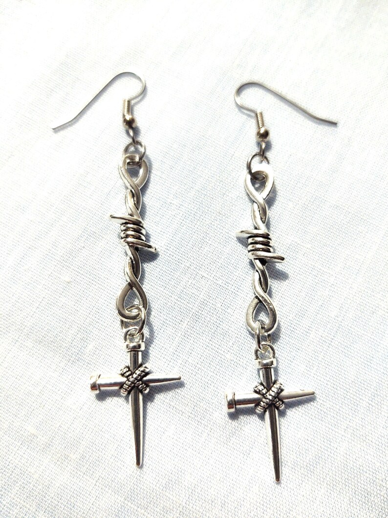 Barbed Wire Loop and Nail Cross Double Dangling Silver Color - Etsy