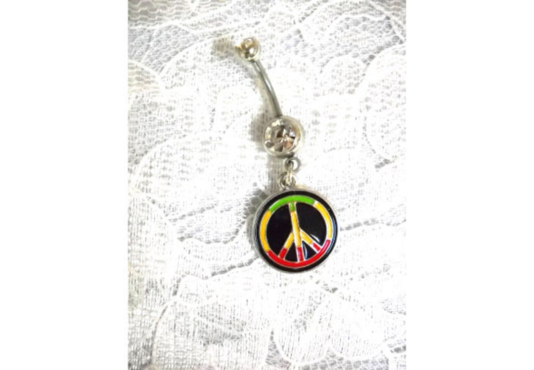Yah Mon RASTA & Black Colored Reggae PEACE SIGN Symbol on 14g Clear Cz ...